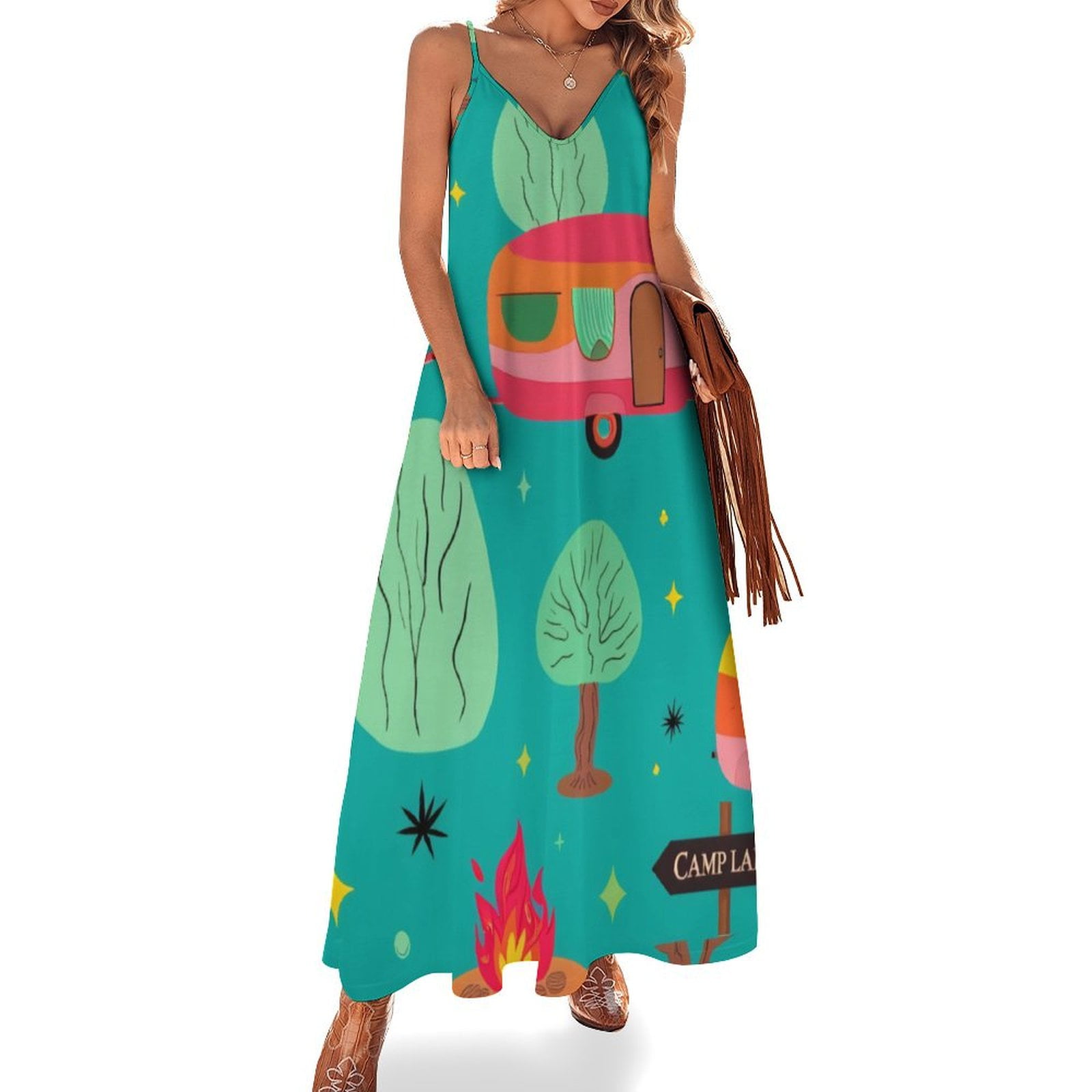 Camping Scene with Trailers And Trees Sleeveless Dress Women's Luxury ...