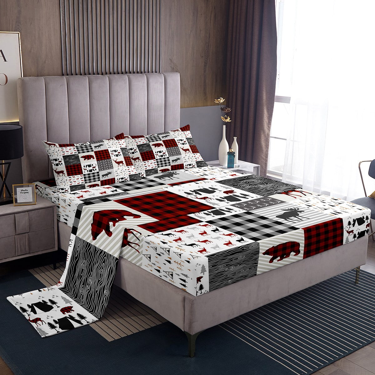 Camping Sheet Set Bear Elk Deer Hunting Flat Fitted Sheet Red Geometry ...