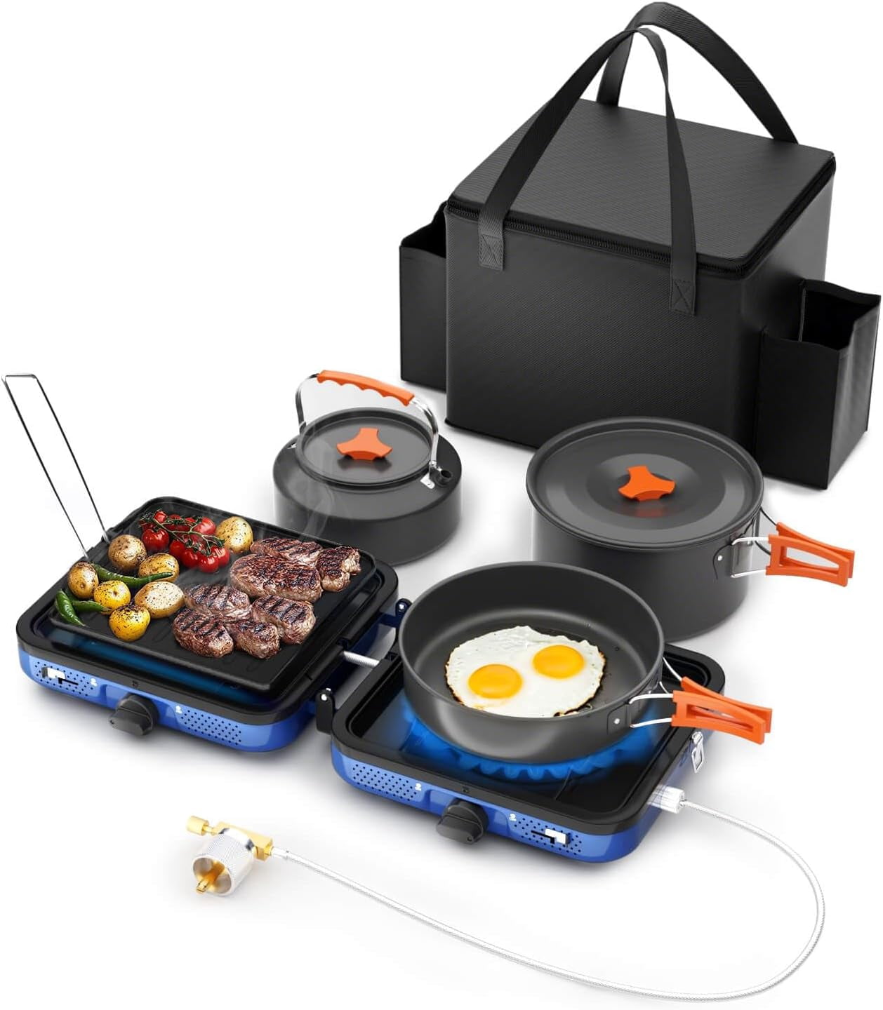 Camping Stove 2 Burner Propane Stove 20000 BTU/h Camping Cooking set ...