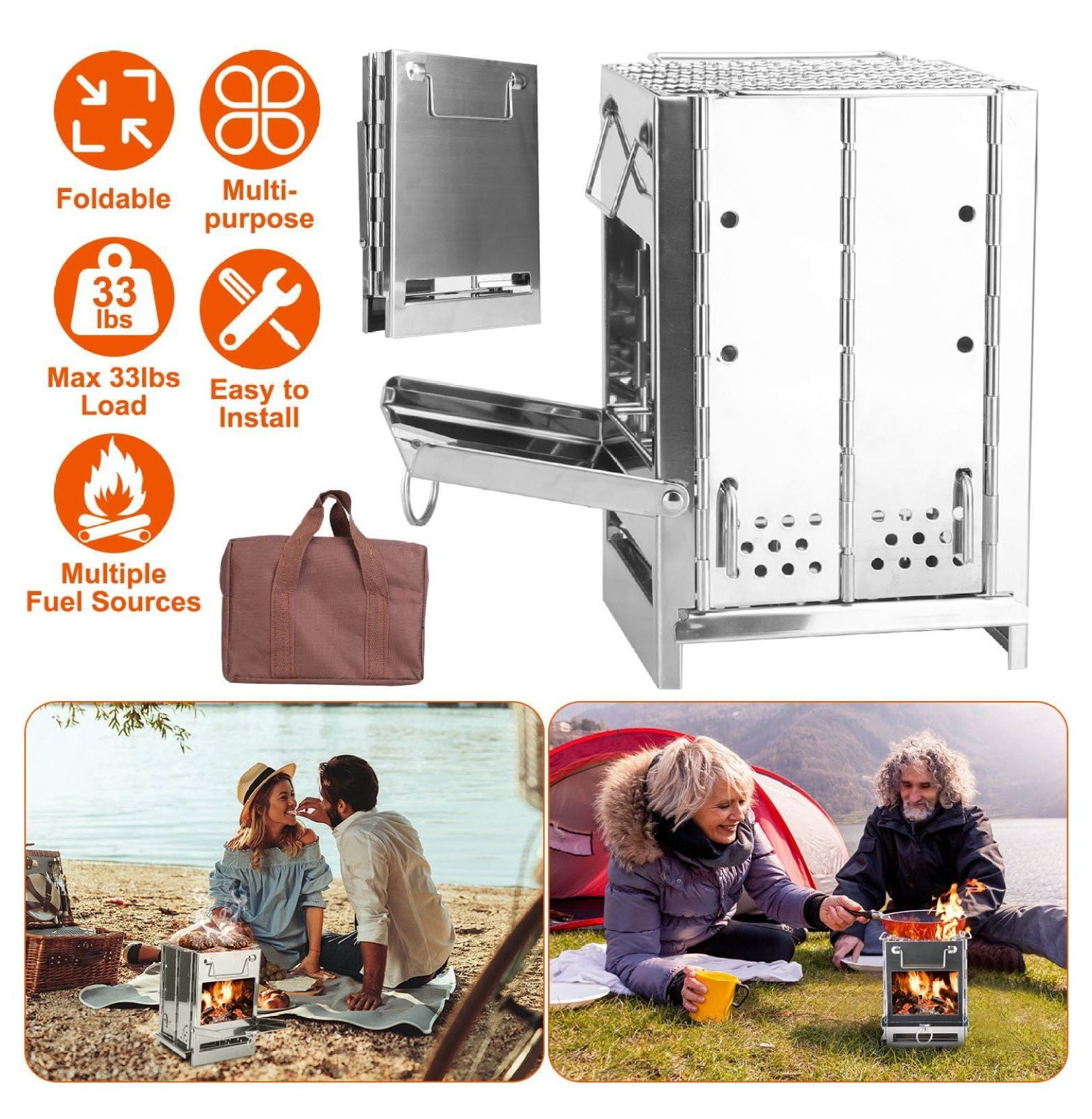 Camping Stove Wood Burning, Foldable Backpacking Stove Stainless Steel ...
