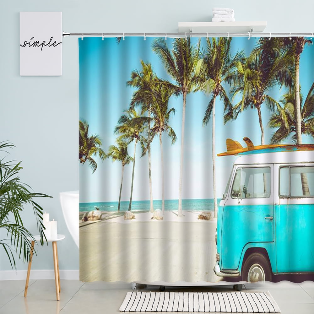 Camping Surf Shower Curtains Ocean Beach Tropical Palm Trees Travel Bus ...