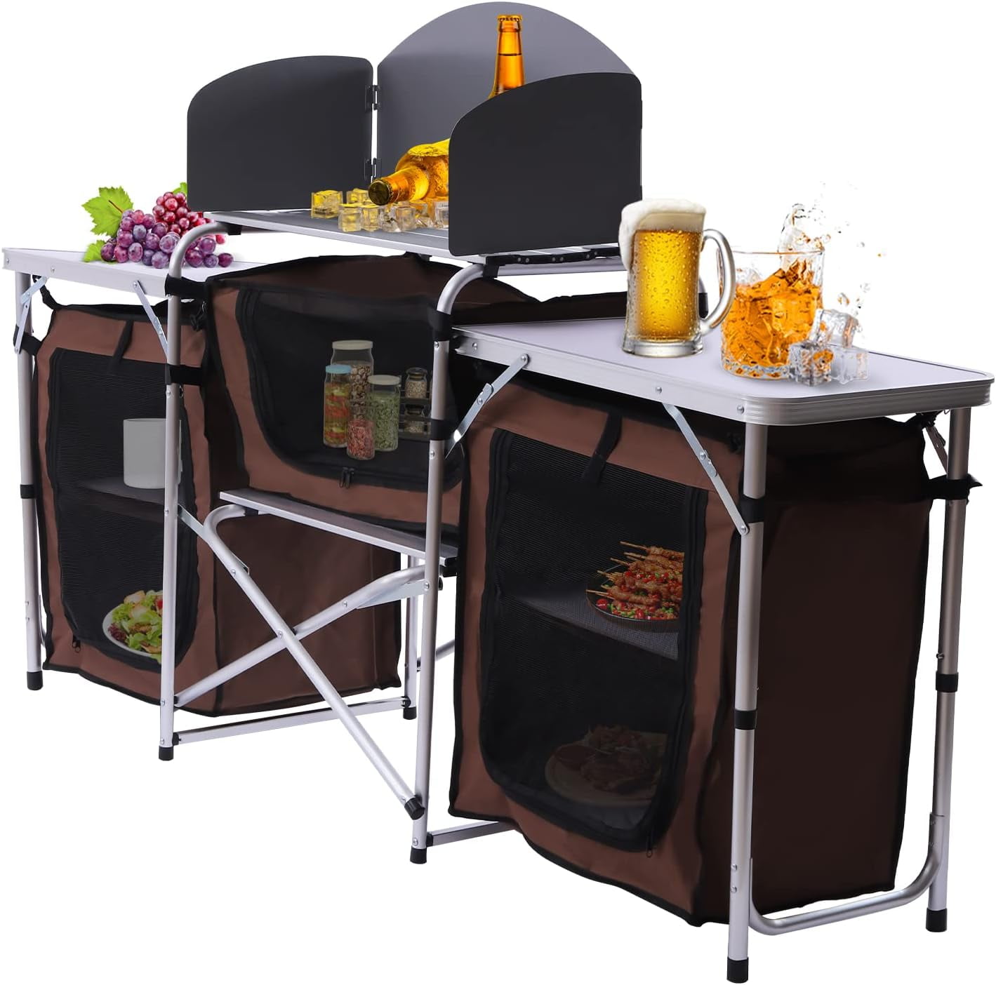 Camping Table, Brown Camping Kitchen Station with 26'' Tabletop & 2 ...