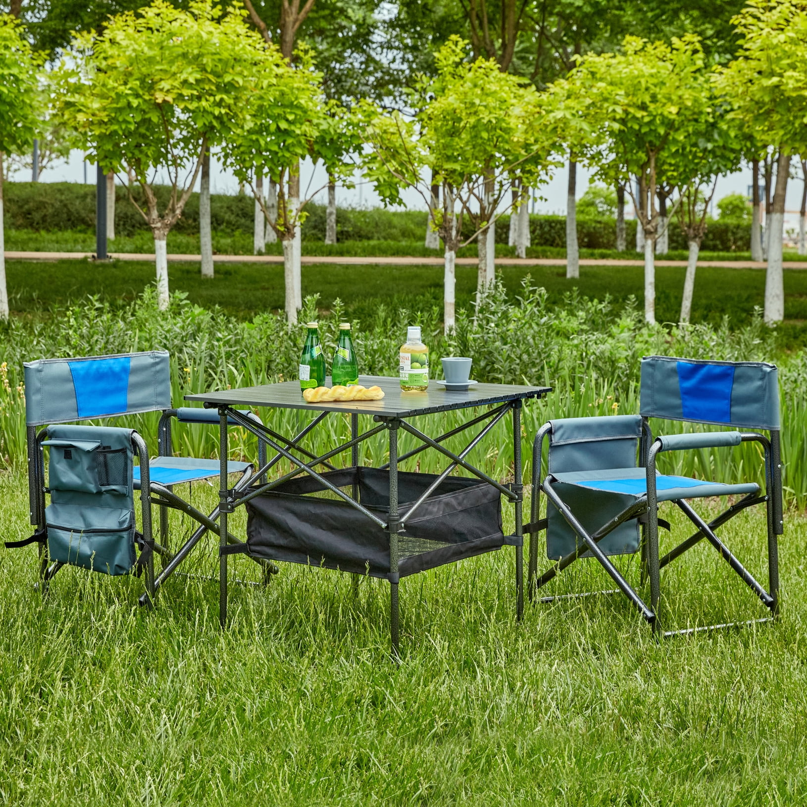 Camping Table and Chair Set of 3, Folding Picnic Table with Basket ...