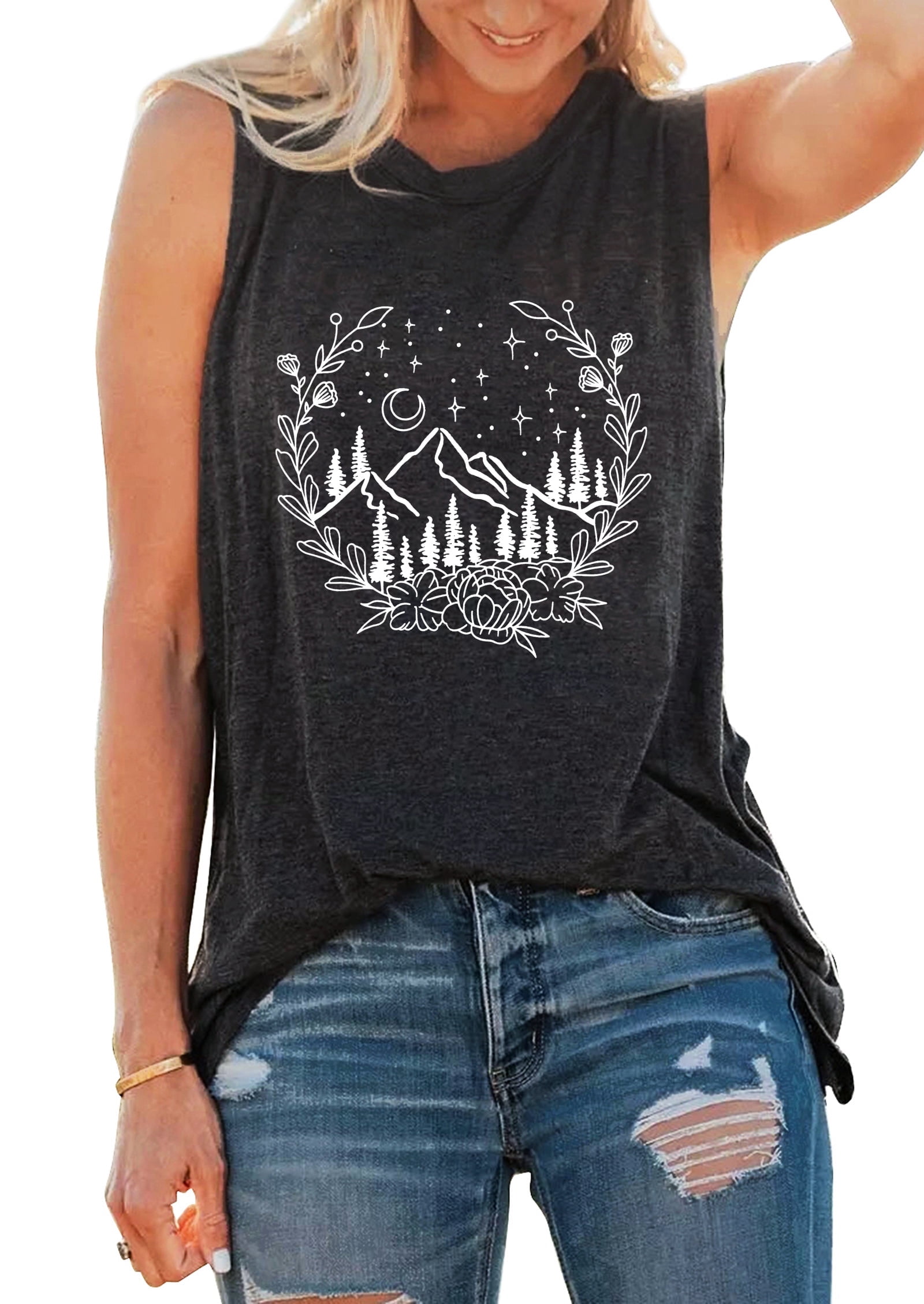 Camping Tank Tops for Women Funny Mountain Floral Graphic Tee Shirt ...