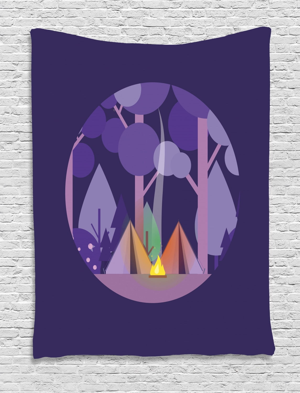 Camping Tapestry, Forest Scenery with Tents Vibrant Trees Night ...