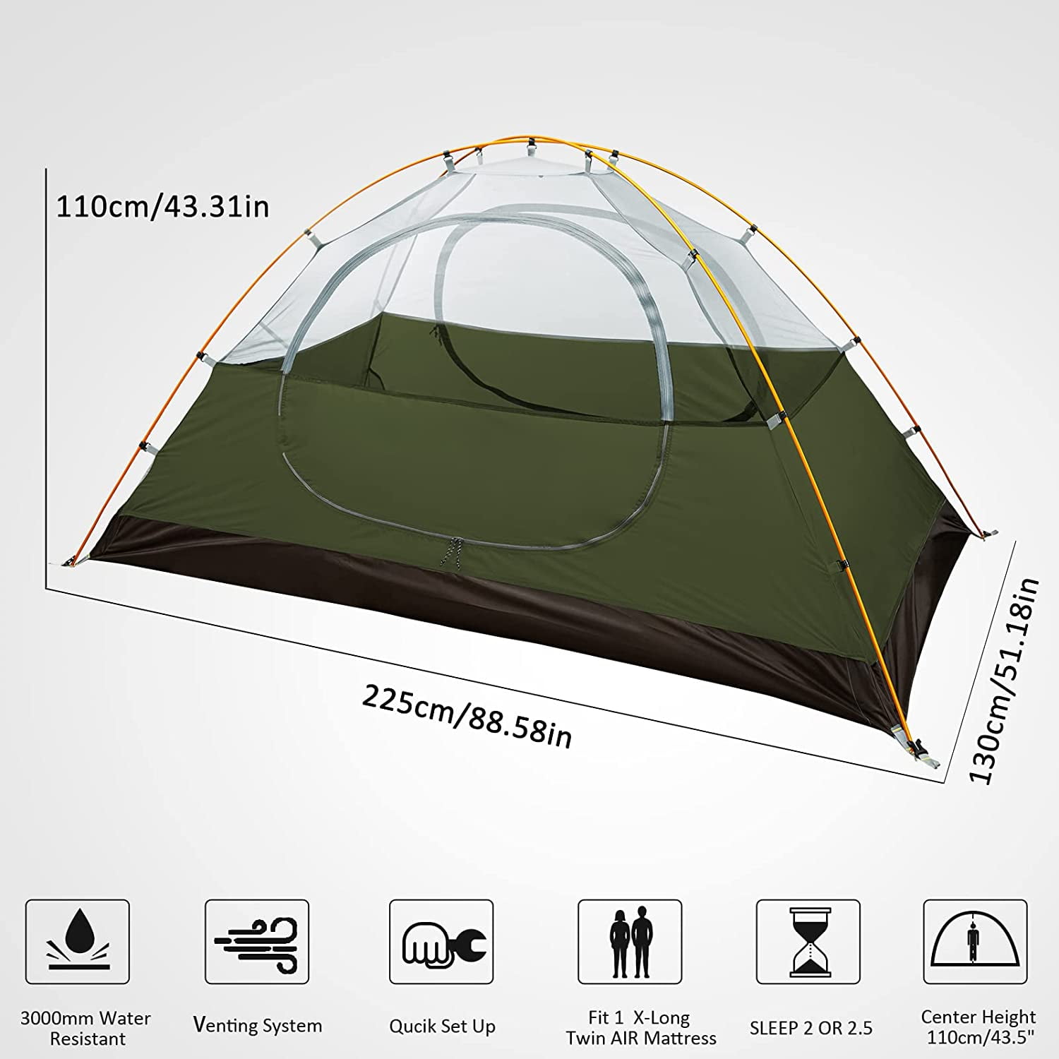 Camping Tent 1/2 Person Tent Waterproof Two Doors Backpacking Tent Easy ...