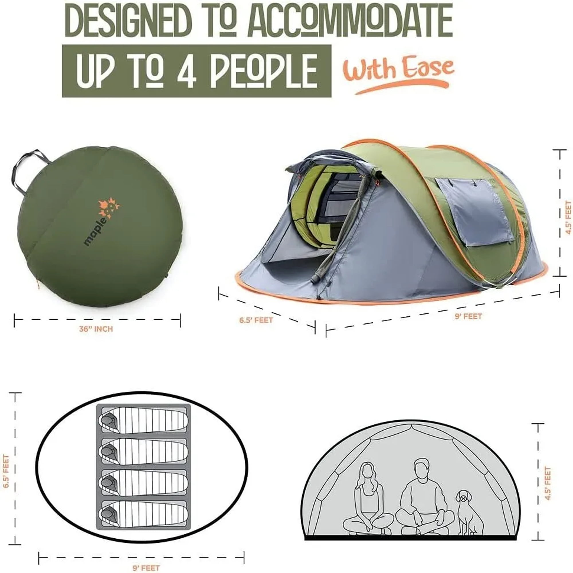 Camping Tent - 4-Person Easy Pop Up Tent with 2 Doors - UPF50+ Waterproof - Walmart.com