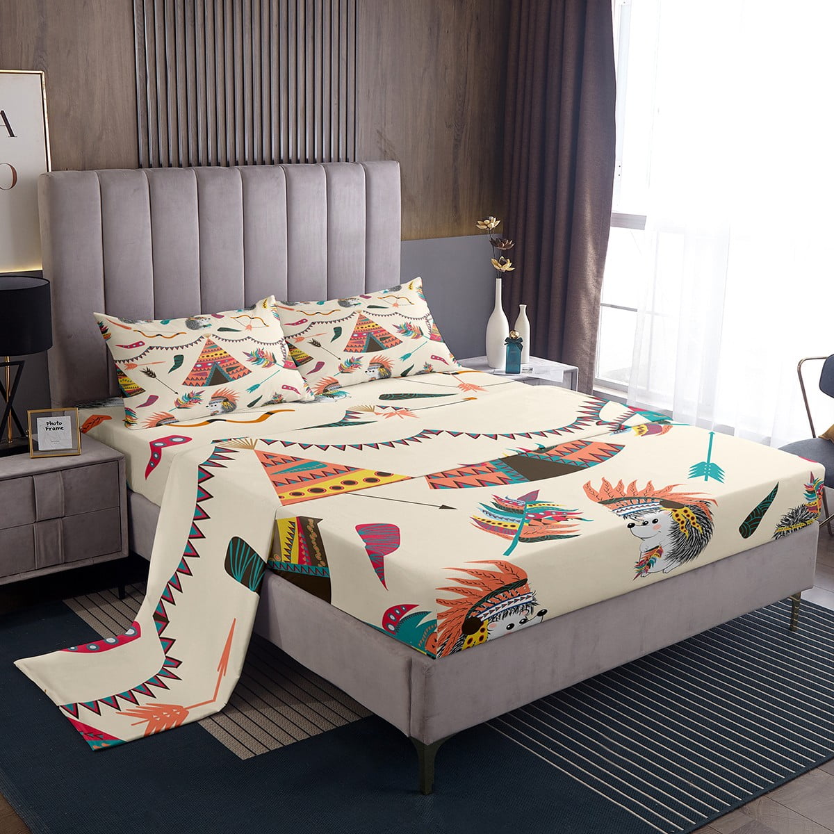 Camping Tent Bed Sheets Set Queen Arrow Western Sheet Set,Southwestern Aztec Bohemian Feather ...