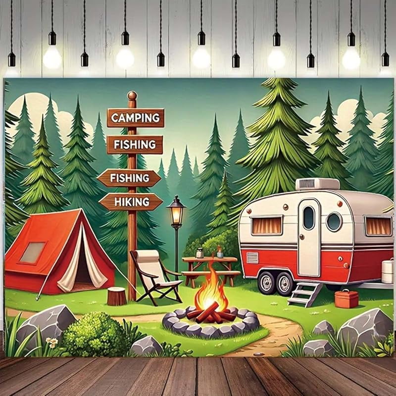Camping Theme Backdrop Forest Adventure Happy Camper Party Banner Tent ...