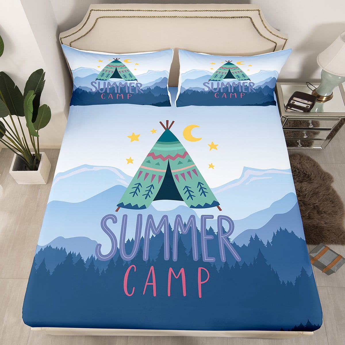 Camping Theme Bed Sheets for Kids Teens Youth, Summer Camp Decor Fitted Sheet Rv Camper Bed Set ...