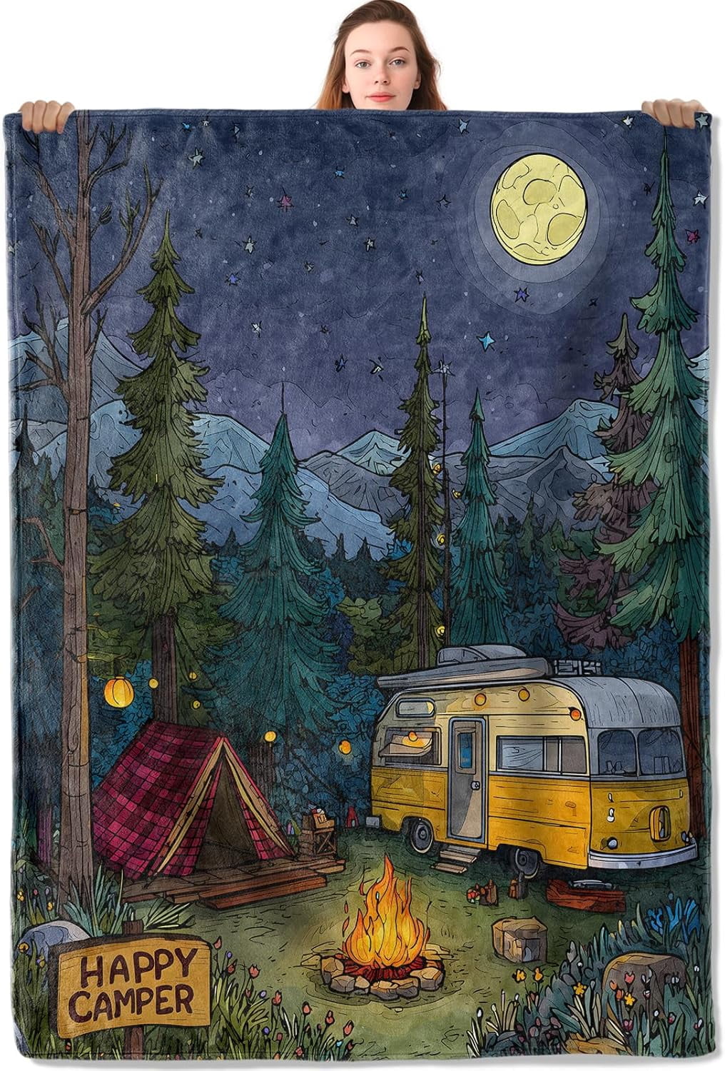 Camping Theme Flannel Blanket Yellow Rv Tent and Campfire Design Warm ...
