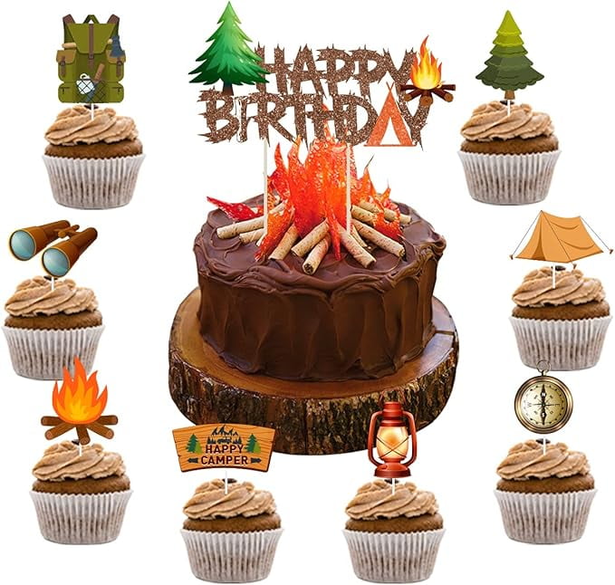 Camping Themed Happy Birthday Cake Topper with 24 Pack Cupcake Picks ...
