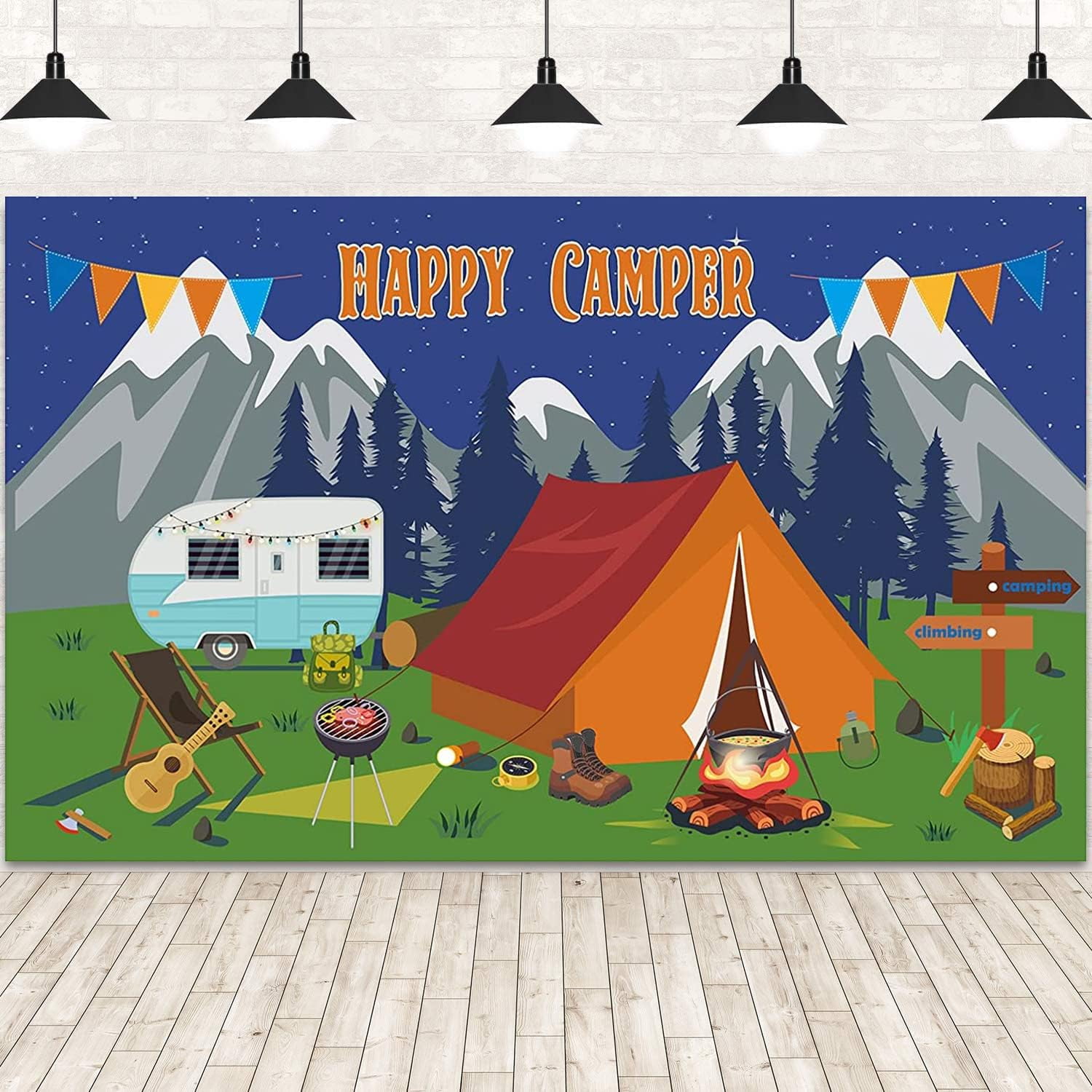 Camping Themed Party Banner Happy Camper Backdrop Campfire Forest ...