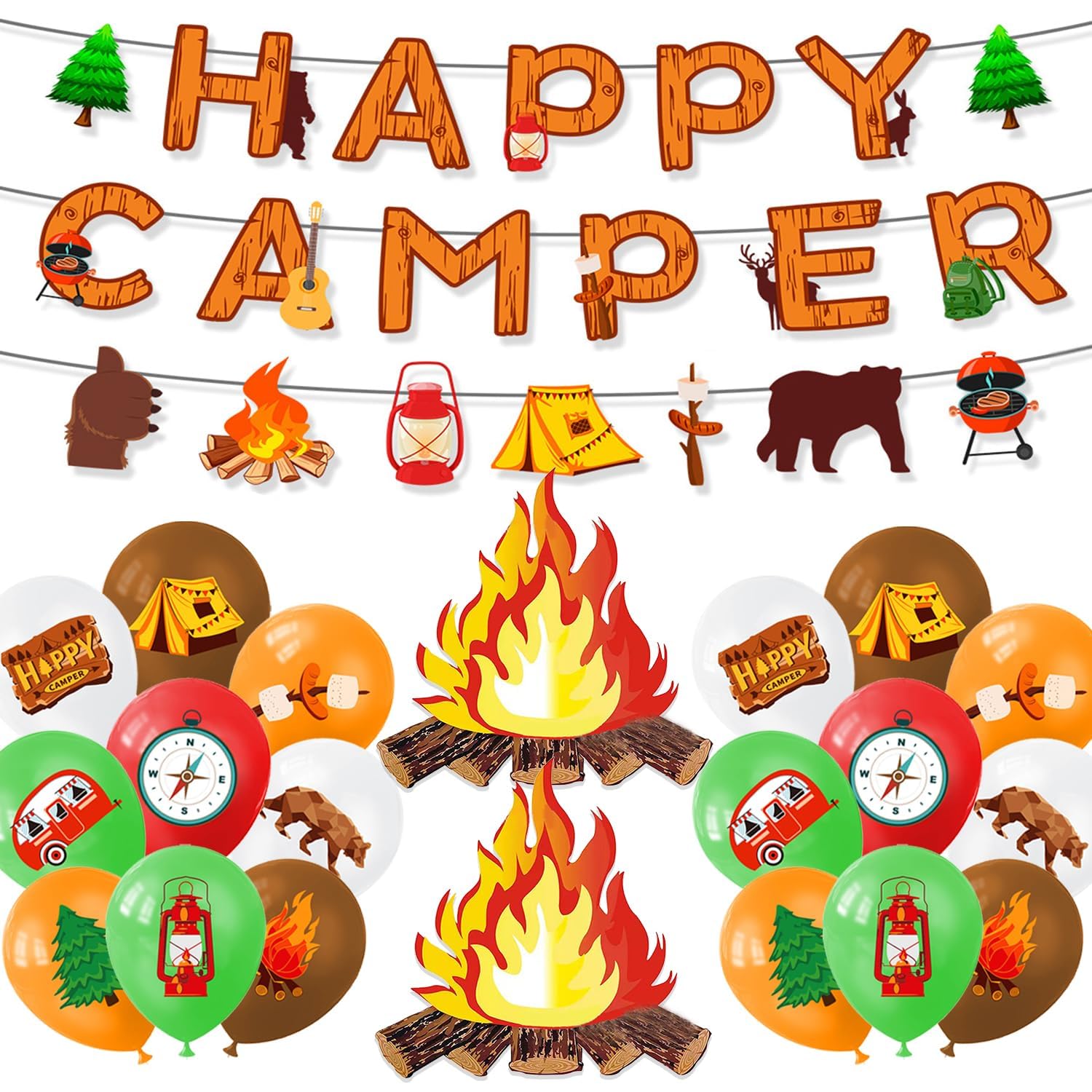 Camping Themed Party Decorations, Happy Camping BSL1 Banner and 3D ...