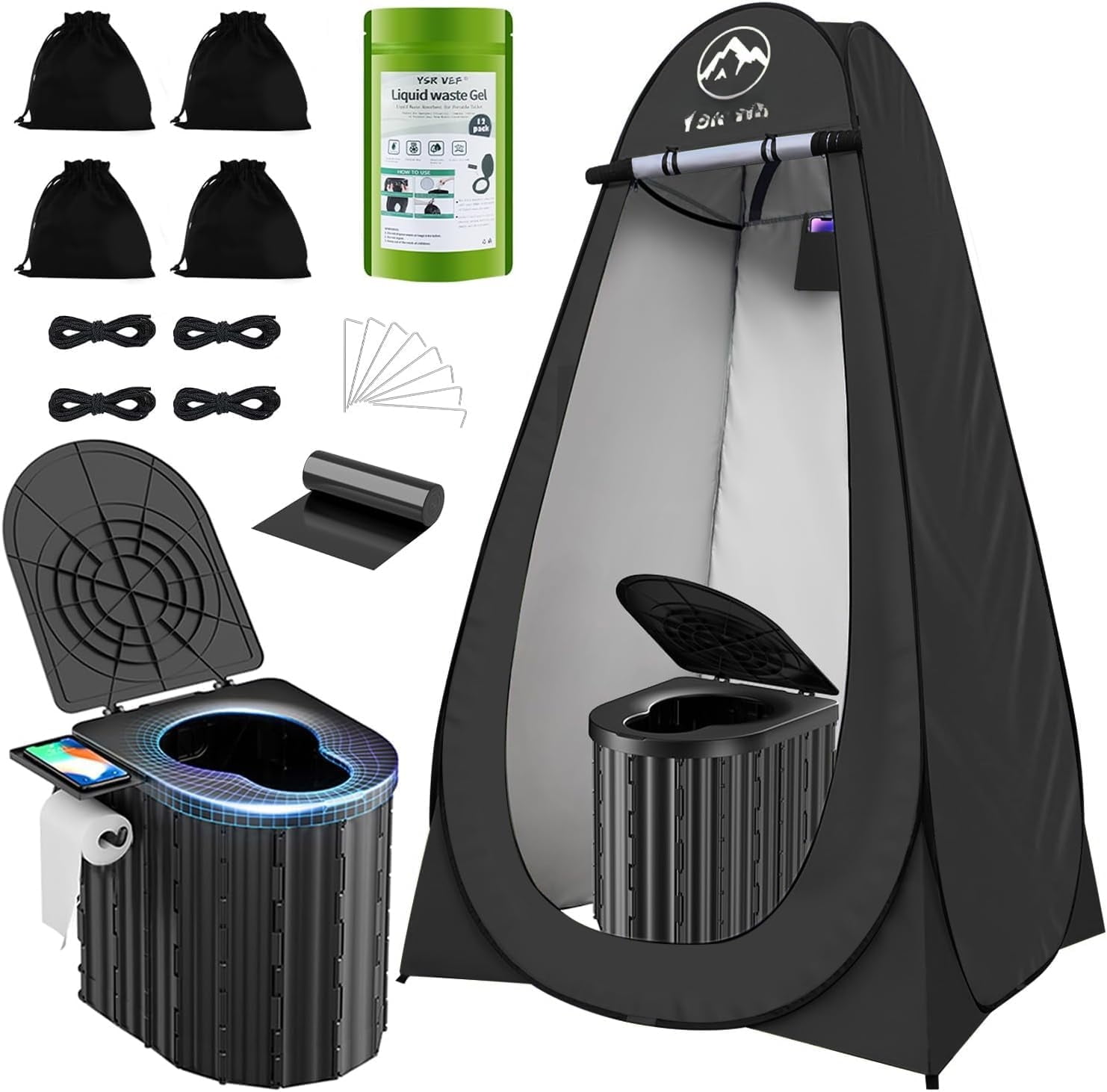 Camping Toilet with Pop-Up Privacy Tent and Liquid Waste Gel, Portable ...
