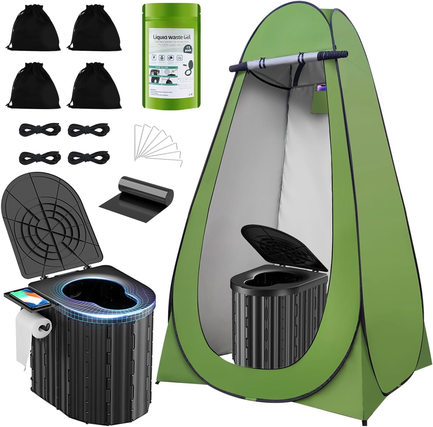 Camping Toilet with Pop-Up Privacy Tent and Liquid Waste Gel, Portable ...