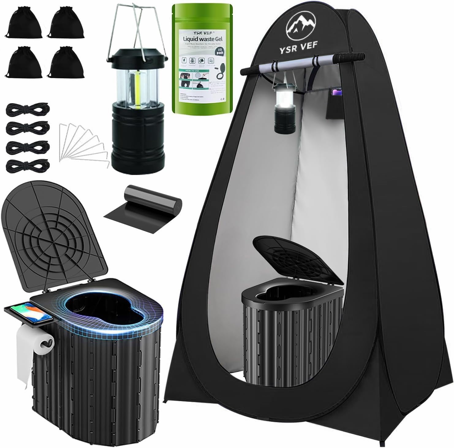 Camping Toilet with Pop-Up Privacy Tent and Liquid Waste Gel, Portable ...