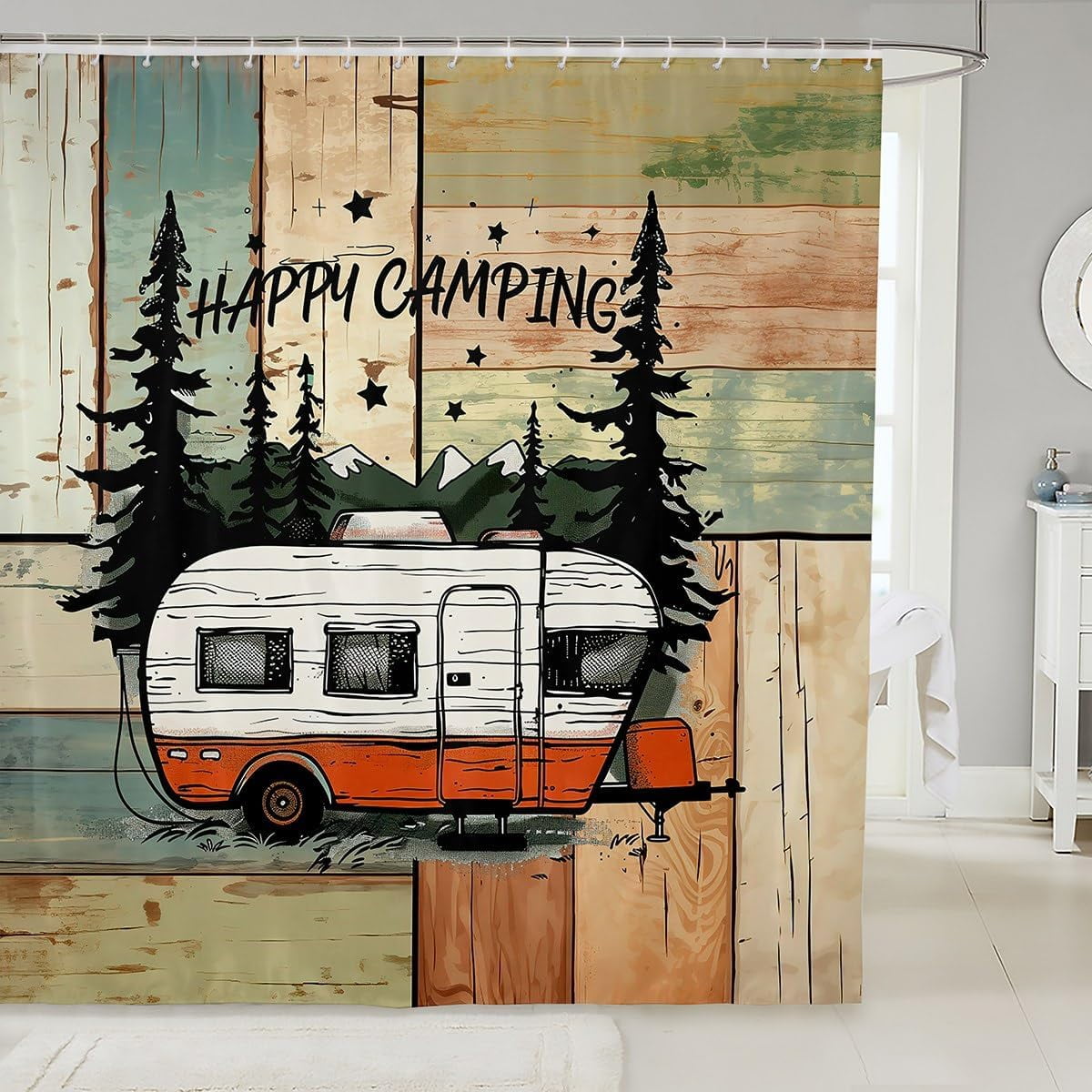 Camping Trailer Waterproof Bath Curtains – RV Nature Mount Pine Trees ...
