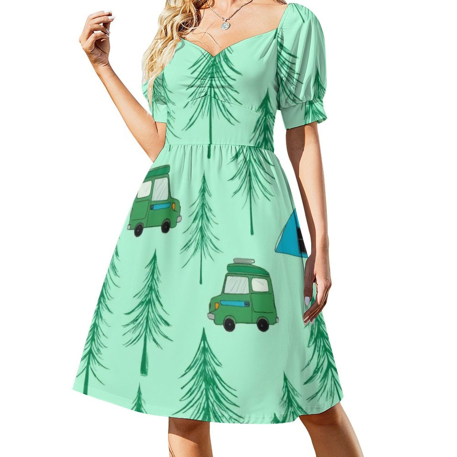 Camping Van And Tent in Forest Summer Women's Dress 2025 Elegant ...