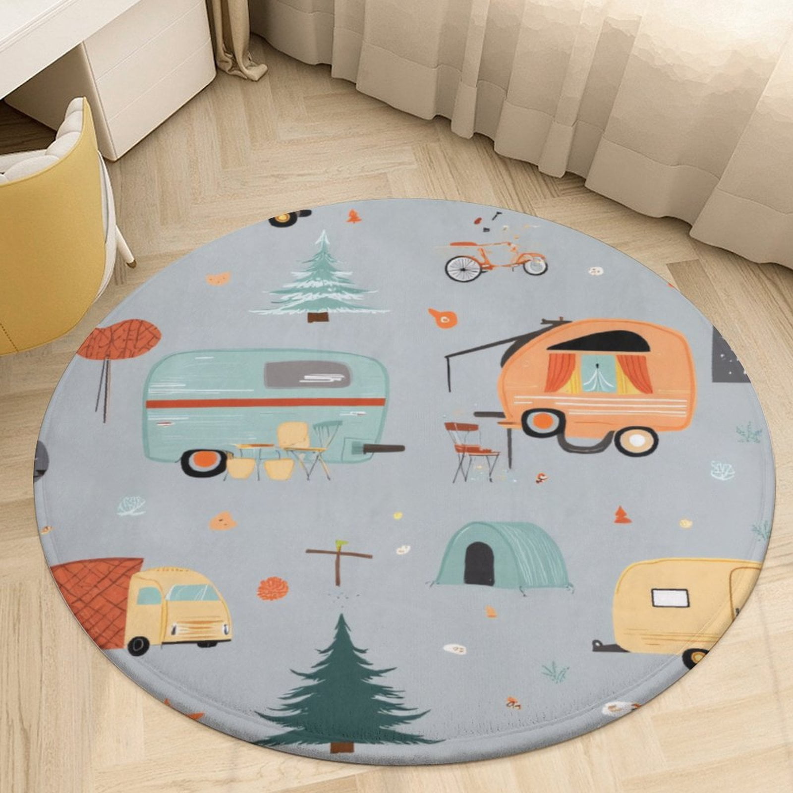 Camping Vehicles And Nature Pattern Round Area Rugs for Bedroom Living ...