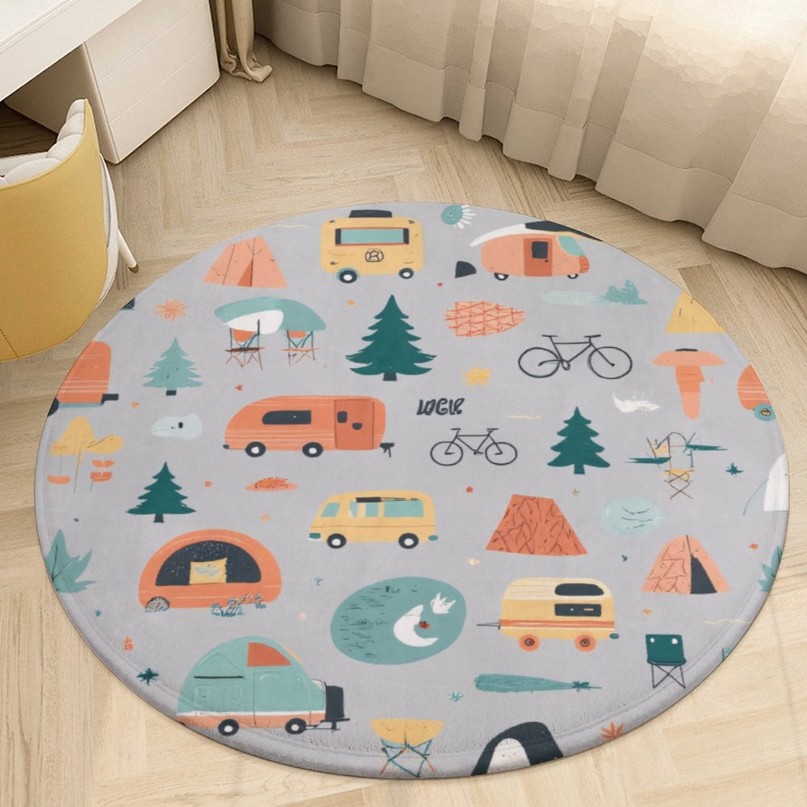 Camping Vehicles And Tents Pattern Round Area Rugs for Bedroom Living ...