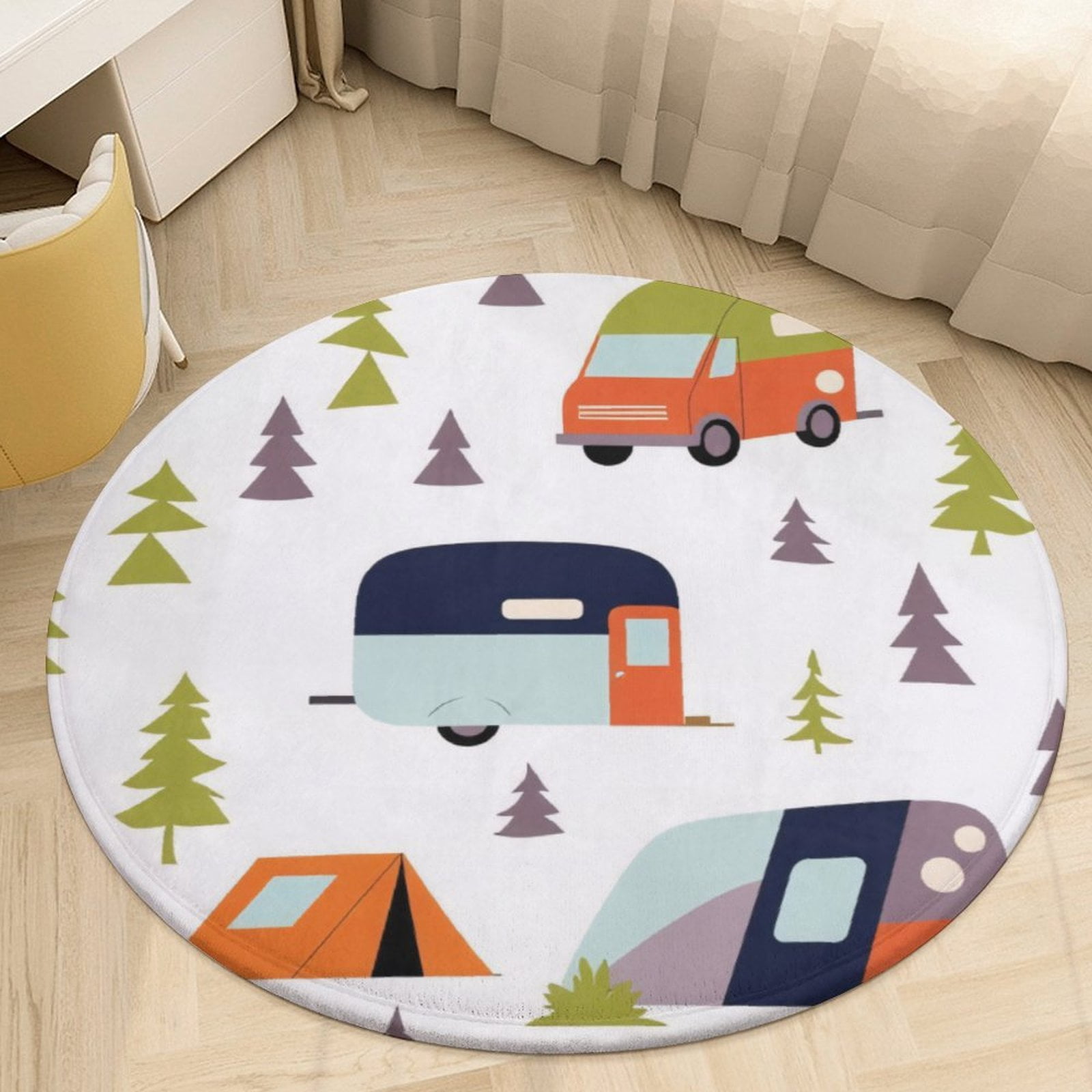 Camping Vehicles And Trees Pattern Round Area Rugs for Bedroom Living ...