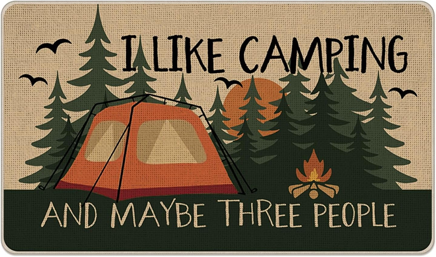 Camping Welcome Front Door Mat, Camper Tent Pine Tree Forest Campfire ...