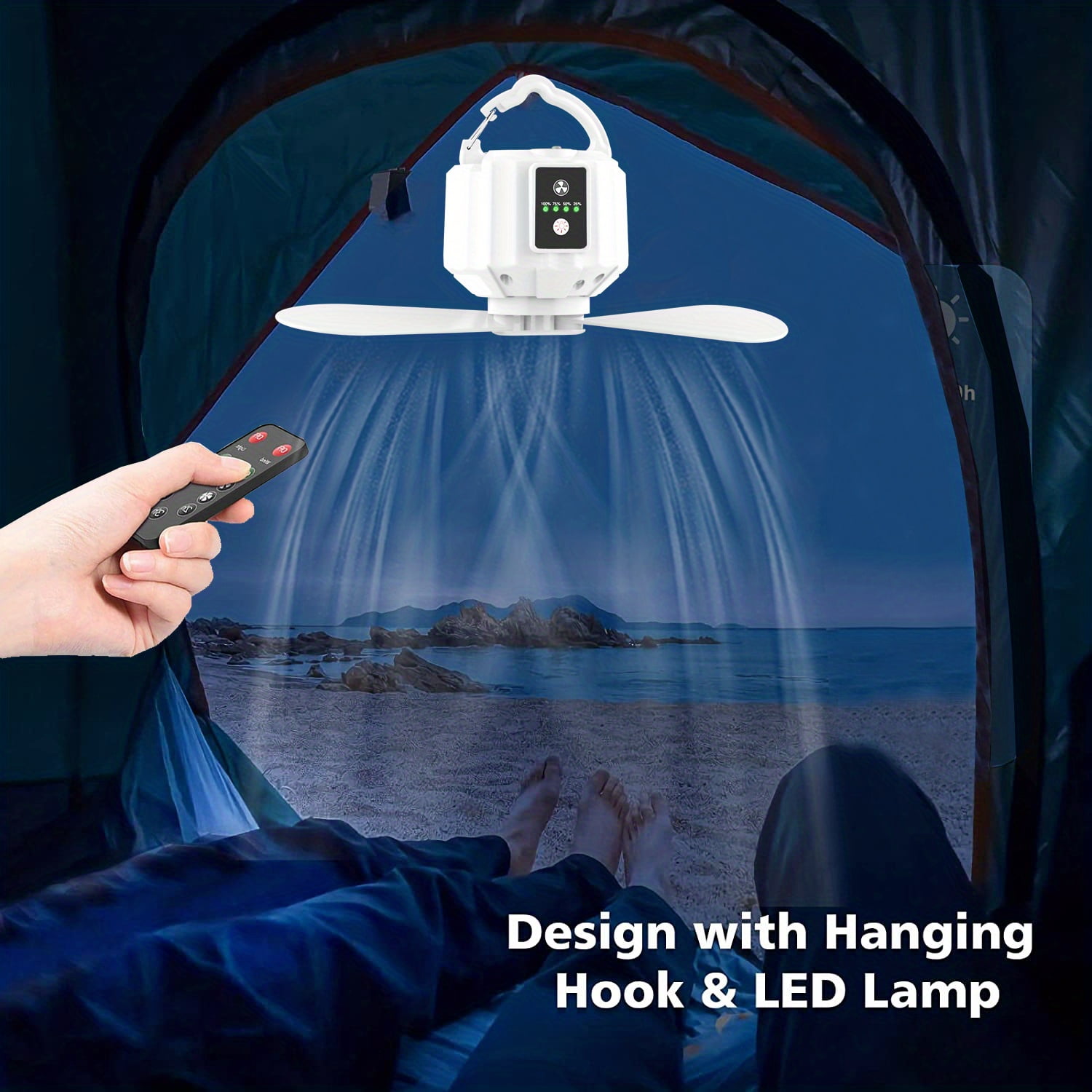 Camping fan with LED lights, rechargeable outdoor tent fan with hanging ...