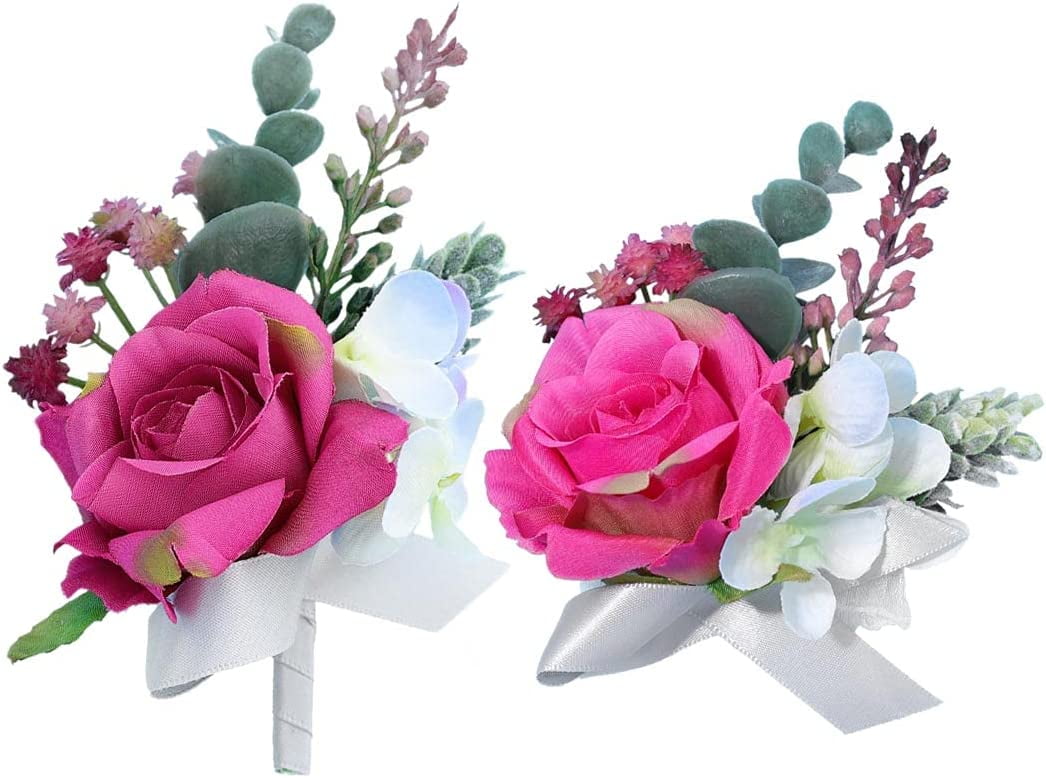 Campsis Wedding Corsage Boutonniere Set Pink Rose Flower Wrist Bride ...