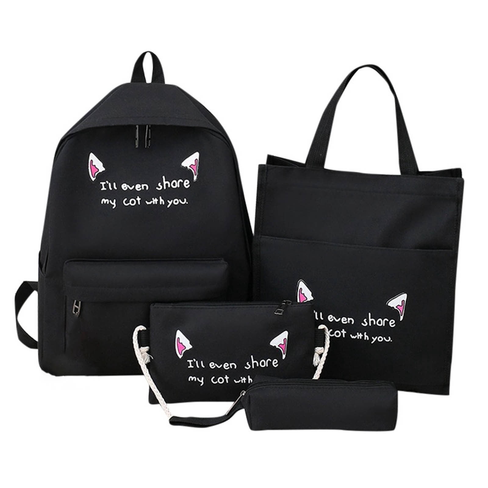 Campus Student Backpack Four Piece Set Waterproof Nylon Backpack Black ...