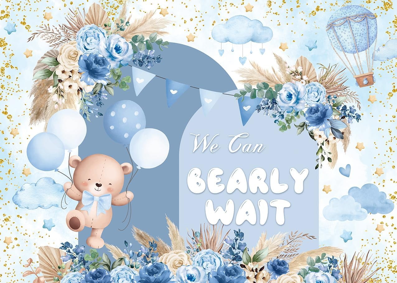 We Can Bearly Wait Backdrop Bear Baby Shower Backdrop for Boy Blue Boho ...