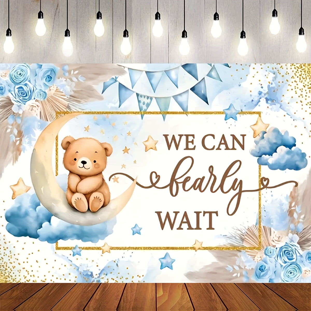 We Can Bearly Wait Banner for Boys Blue Watercolor Shining Stars Golden ...