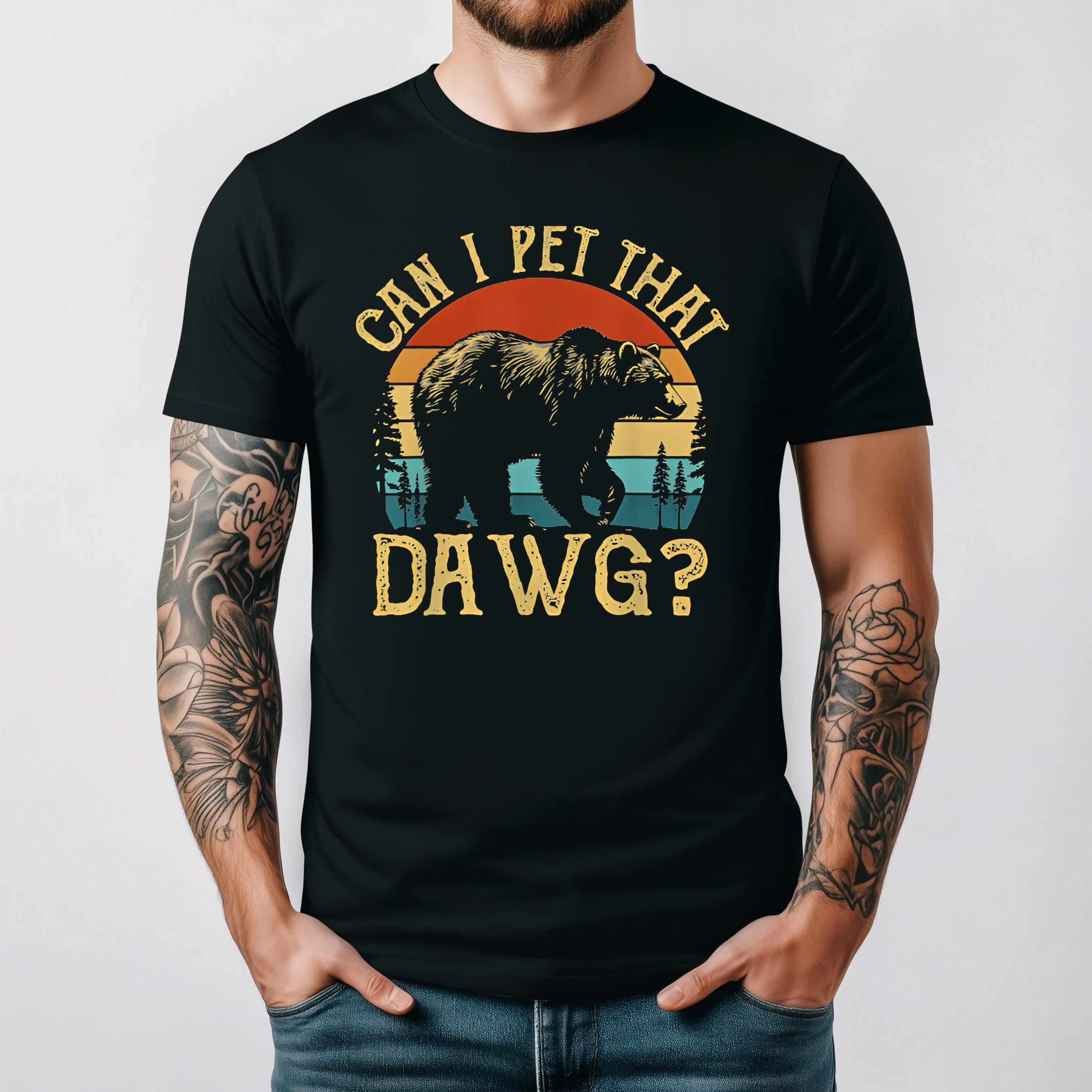 Can I Pet That Dog Funny Dawg Bear Meme Camping Art Graphic Tee Graphic ...