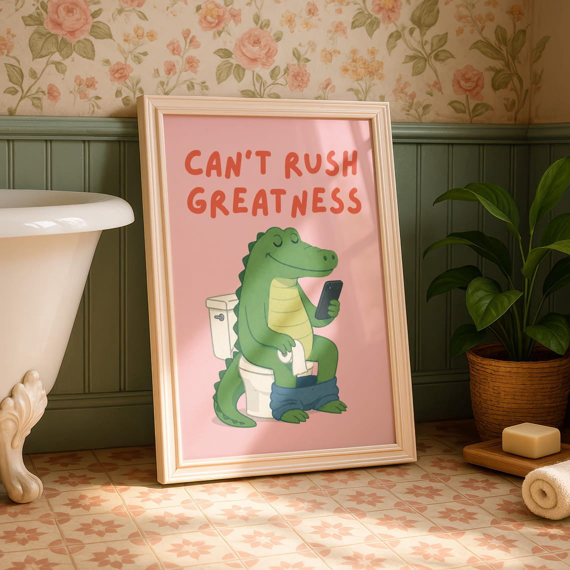 Can't Rush Greatness Alligator On The Toilet Animal Bathroom Room Decor ...