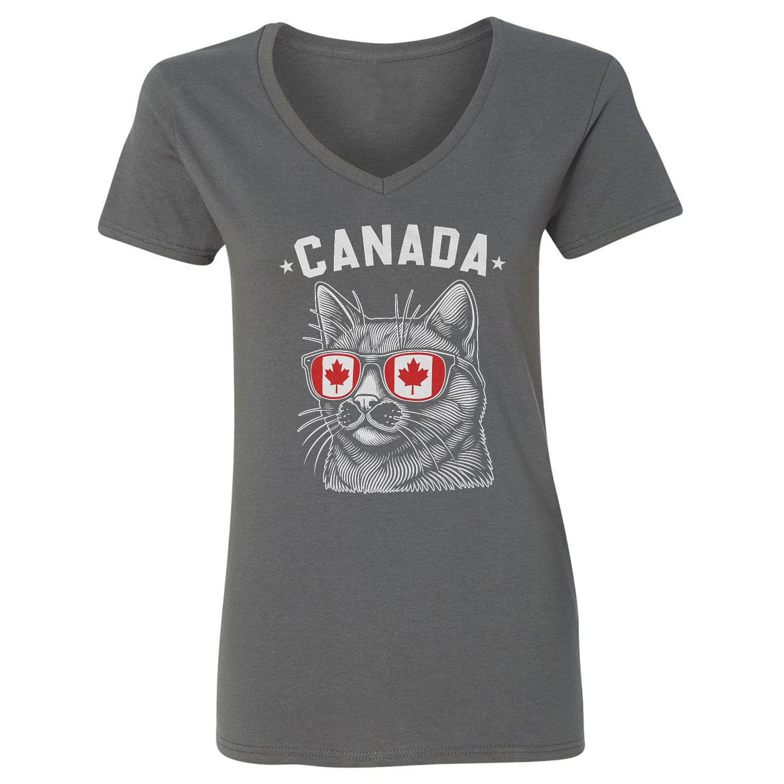 Canada Day - Canadian Flag Glasses Cat Patriotic Ladies' V-Neck Tshirt ...