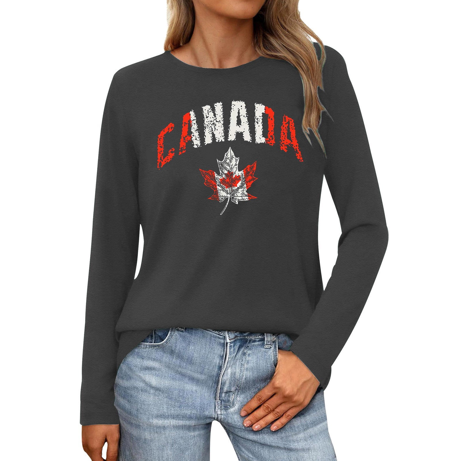 Canada Day Tops for Women Trendy Canadian Flag Print Long Sleeve Round ...