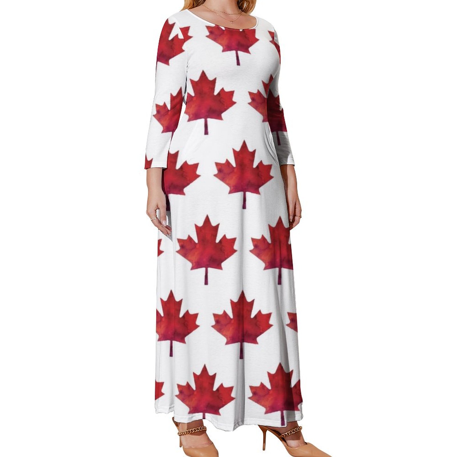 Canada Day Watercolour Maple Leaf Pattern Long Sleeved Dress womens ...