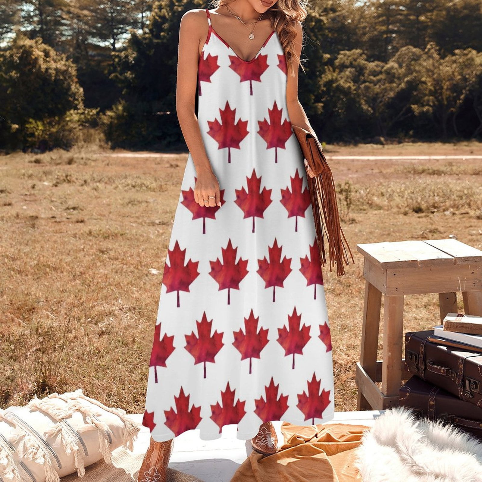 Canada Day Watercolour Maple Leaf Pattern Sleeveless Dress dress summer ...