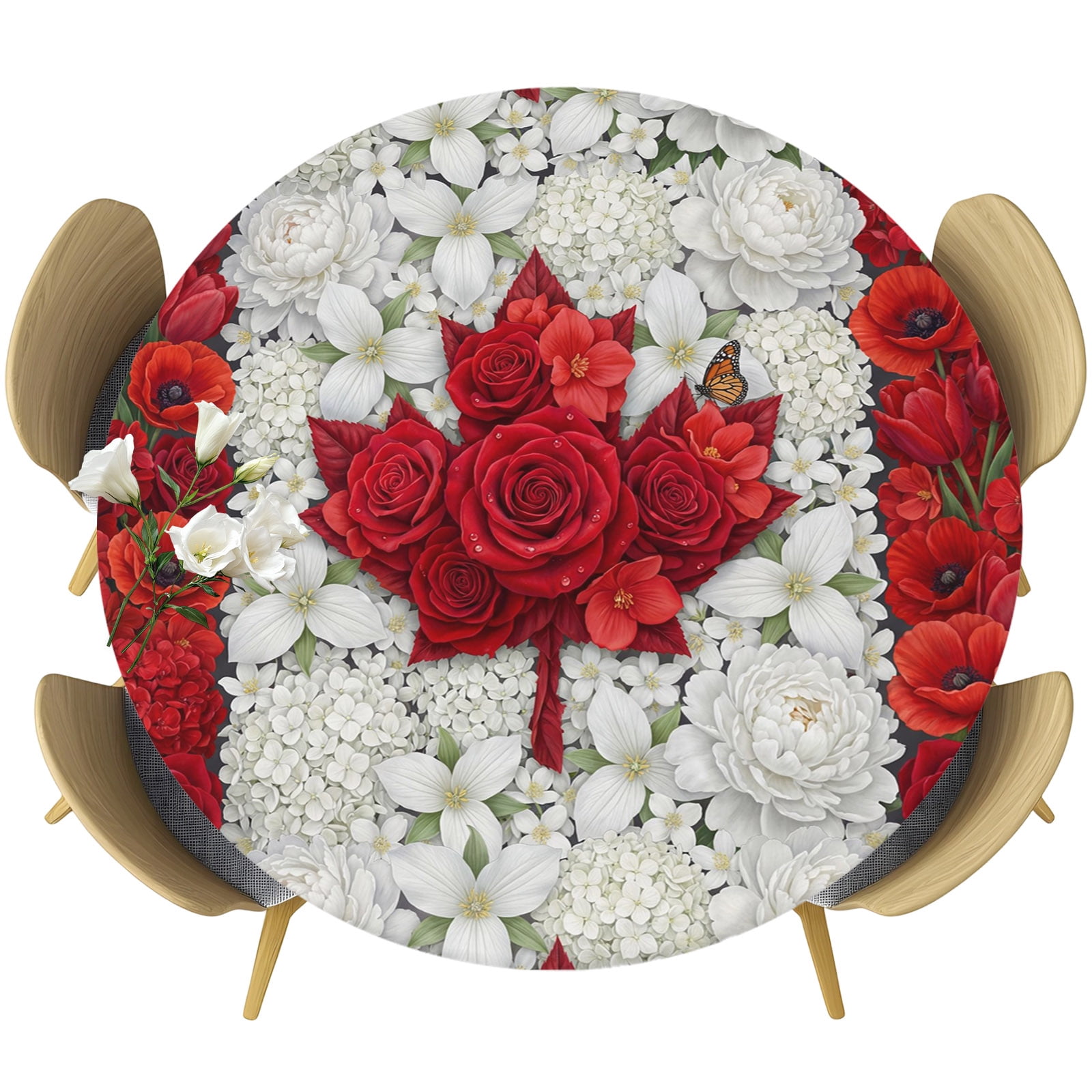 Canada Flag Floral Round Tablecloth 36-44 Inch Round Fitted Table Cloth ...
