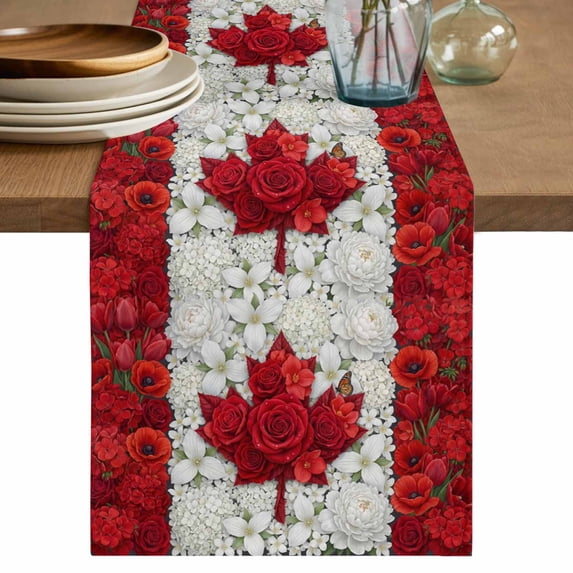 Canada Flag Floral Table Runner, Abstract Art Red White Flowers Maple ...