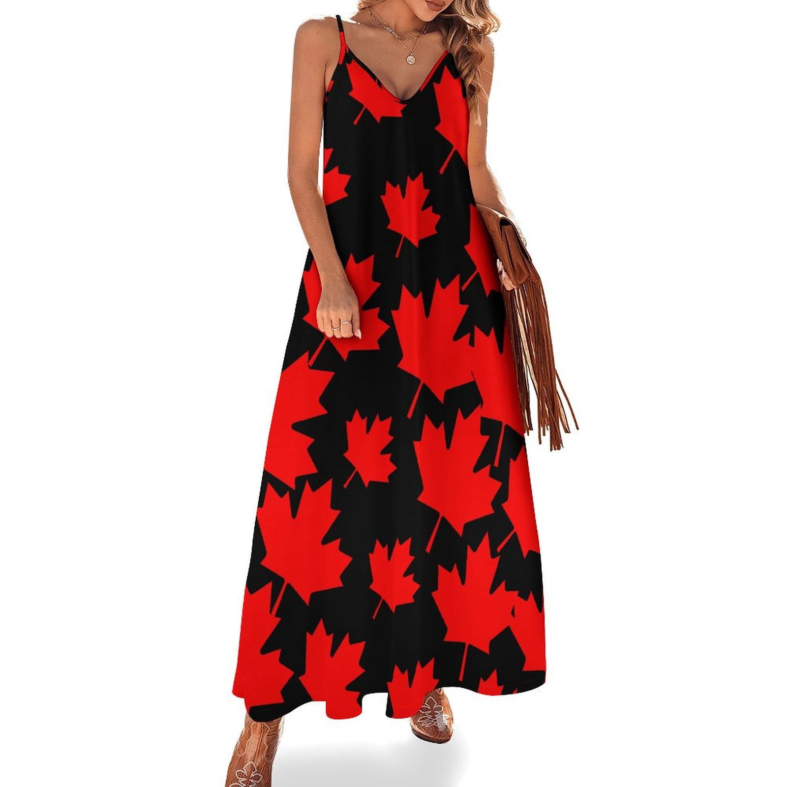 Canada Flag Women's Maxi Dress Spaghetti Strap Bohemian Long Maxi Beach ...