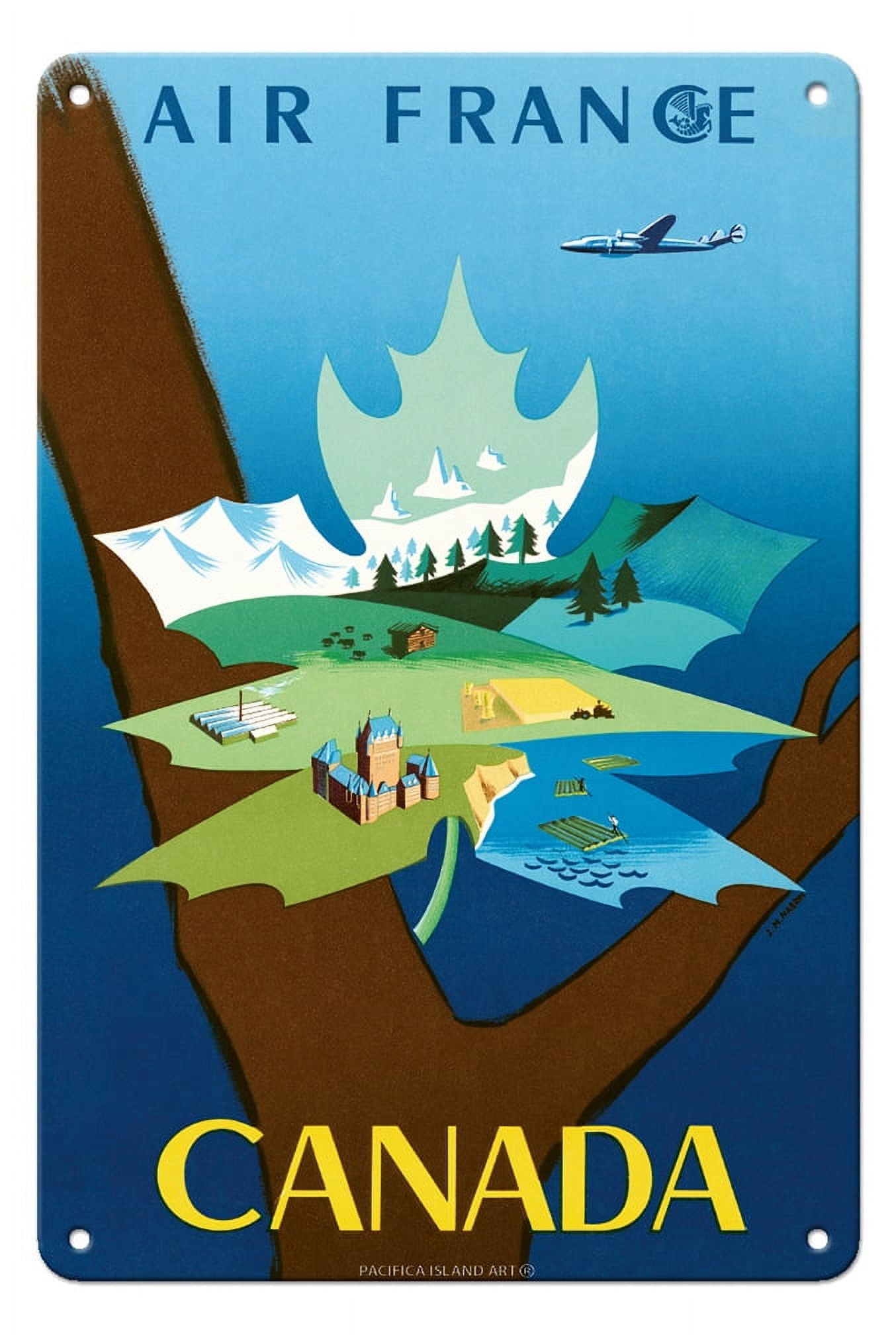 Canada - France - Maple Leaf Landscape - Vintage Airline Travel Poster ...