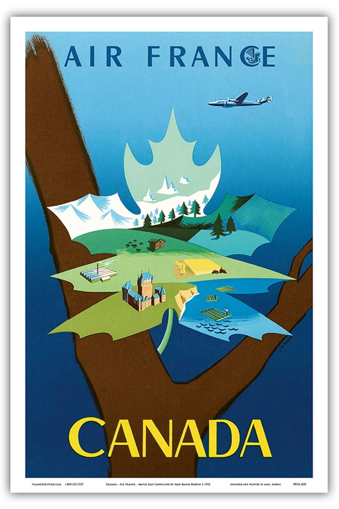 Canada - France - Maple Leaf Landscape - Vintage Airline Travel Poster ...
