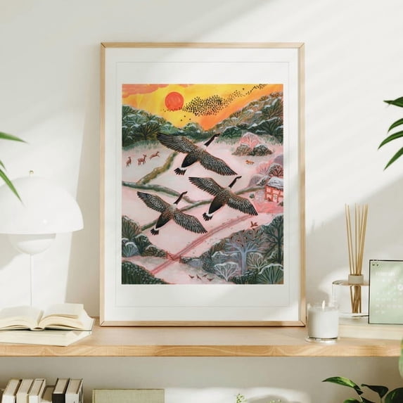 Canada Geese Art Print: Winter Sunset Landscape Painting 12x18 UNFRAMED ...