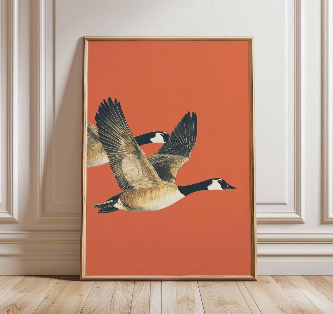 Canada Geese Flying Pair Vintage Orange Background Rustic Bird Art ...