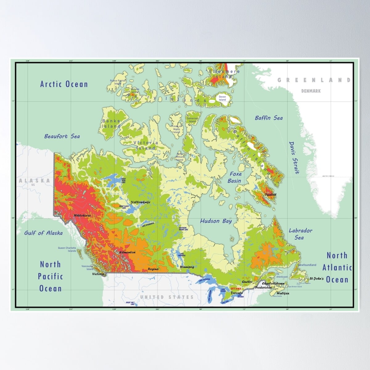 Canada Map, Topographic Map Of Canada With Names Of The Oceans, Seas ...