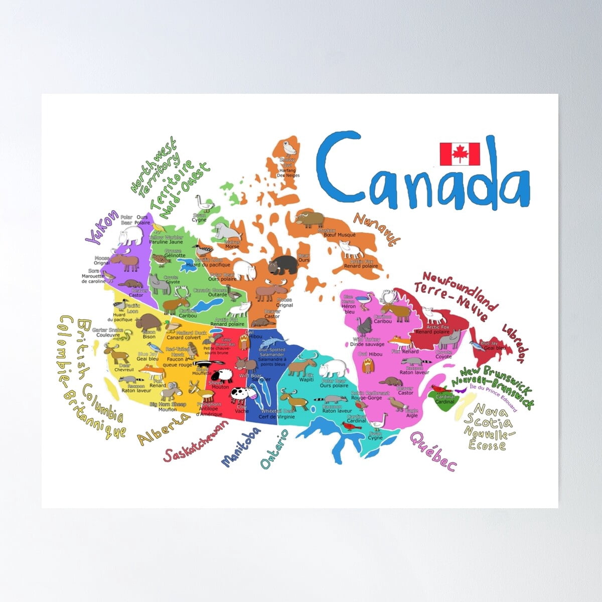 Canada With Cities, Animals, Provinces And Flag By Artist Carla Daly ...