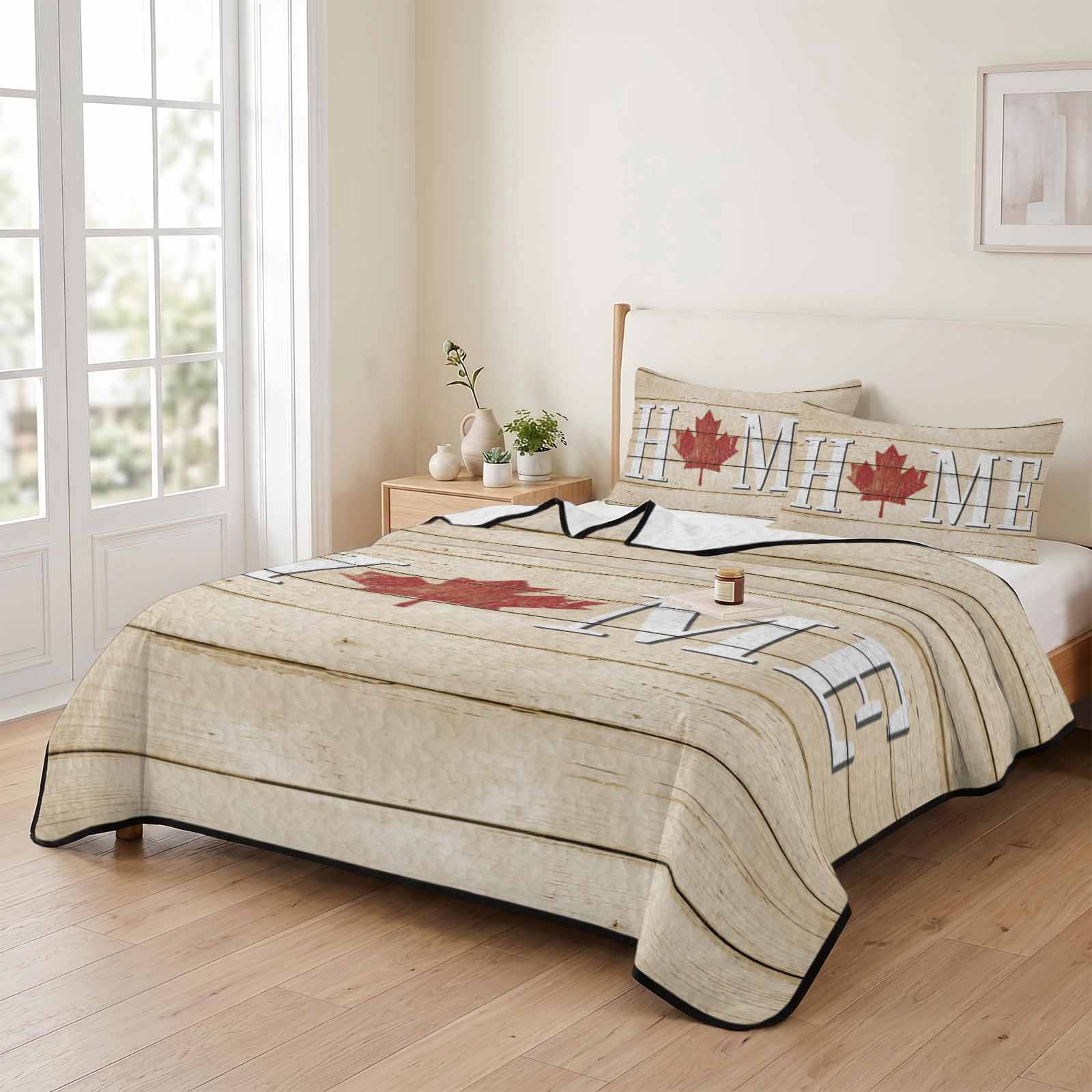 Canadian Day Home Words 3 Pieces Quilt Set,1 Quilt with 2 Shams,Retro ...
