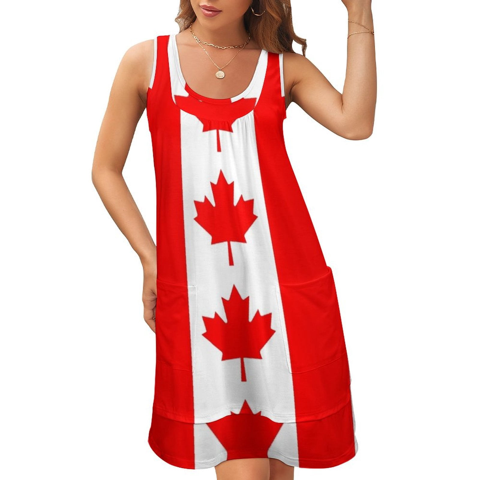Canadian Flag Sleeveless U-Neck Fake Two Piece Dress summer clothes ...