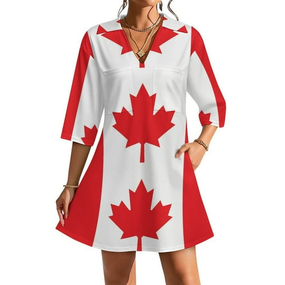 Canadian Flag Womens Dress With Pockets Summer V Neck 3/4 Sleeve Dress ...